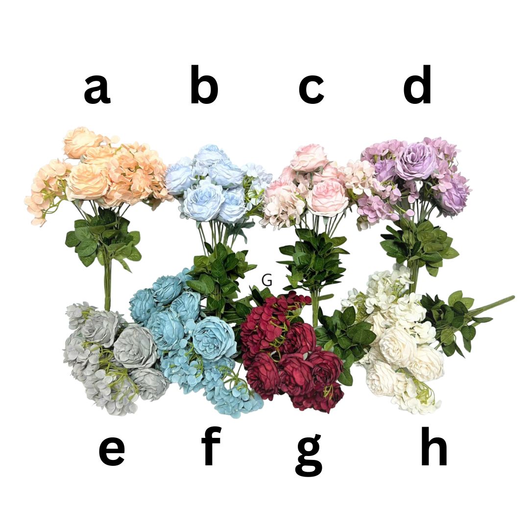 Flower Bulb Rose with Hydrangea Bush x 13 heads artificial, flower arr